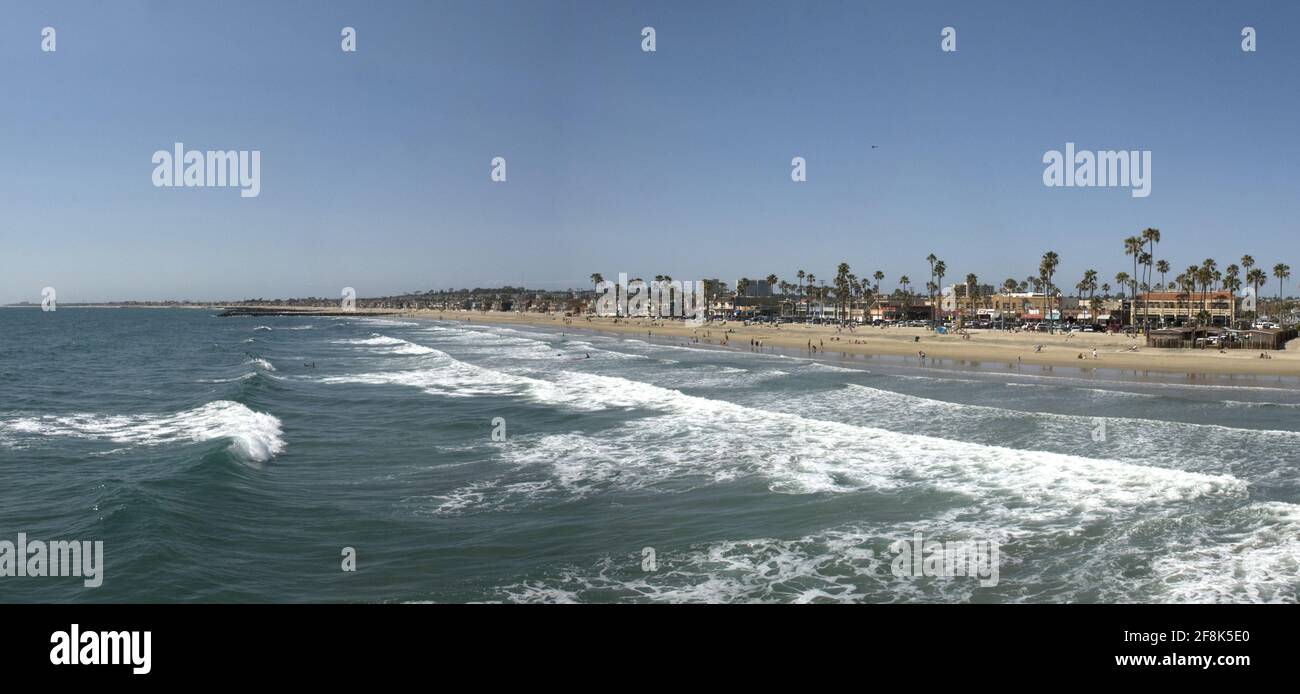 Panoramic view along surf at Newport Beach, Orange County - California ...