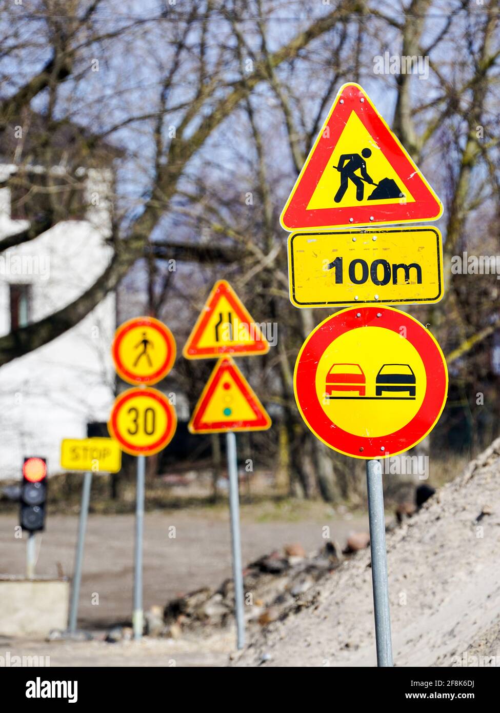 many different warning and prohibition road signs before the road ...