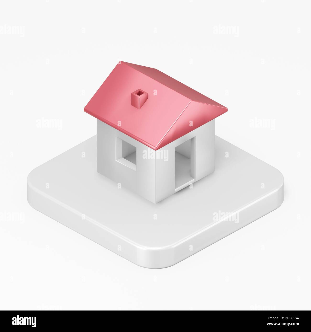 White house icon with red roof. 3d rendering square button key isometric view, interface ui ux ...