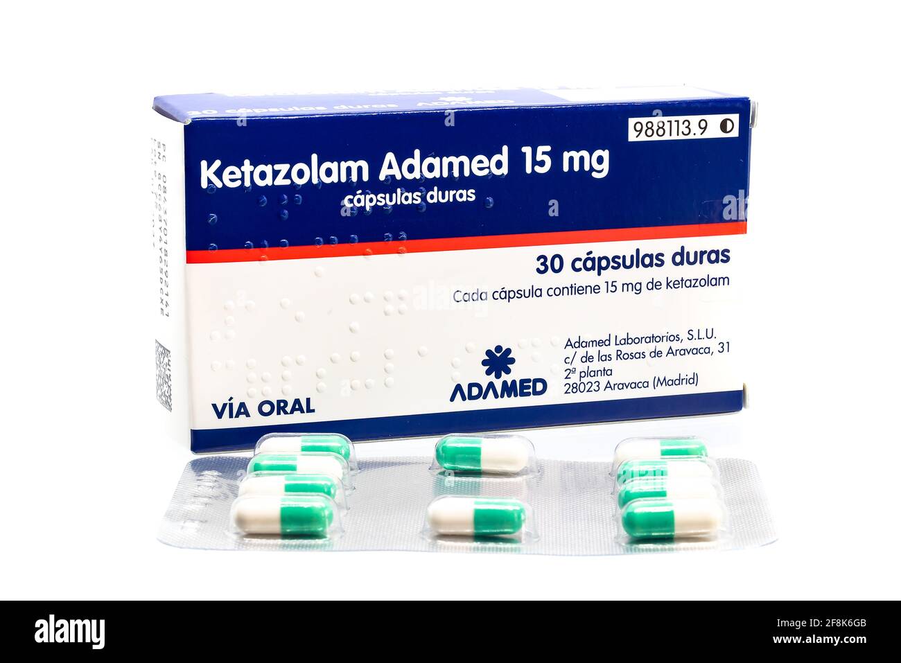 Huelva, Spain - April 14, 2021: Spanish box of Ketazolam brand Adamed ...