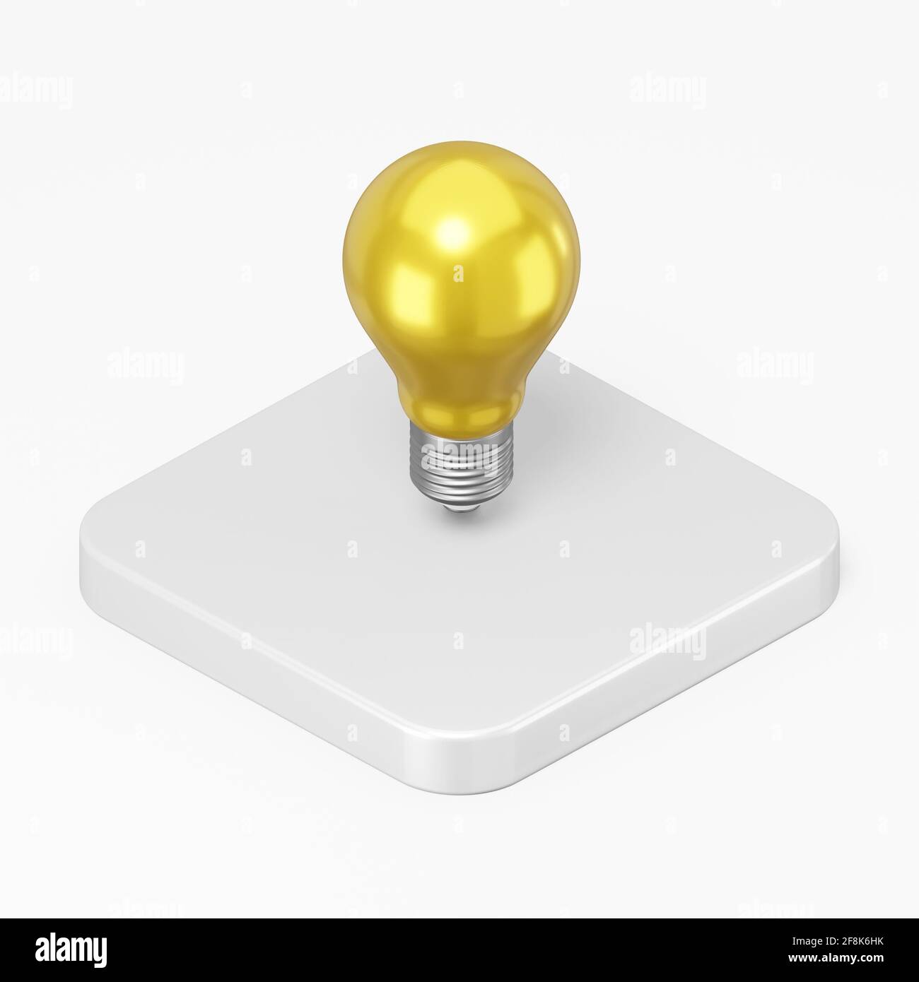 Yellow realistic light bulb icon. 3d rendering square button key isometric view, interface ui ux ...