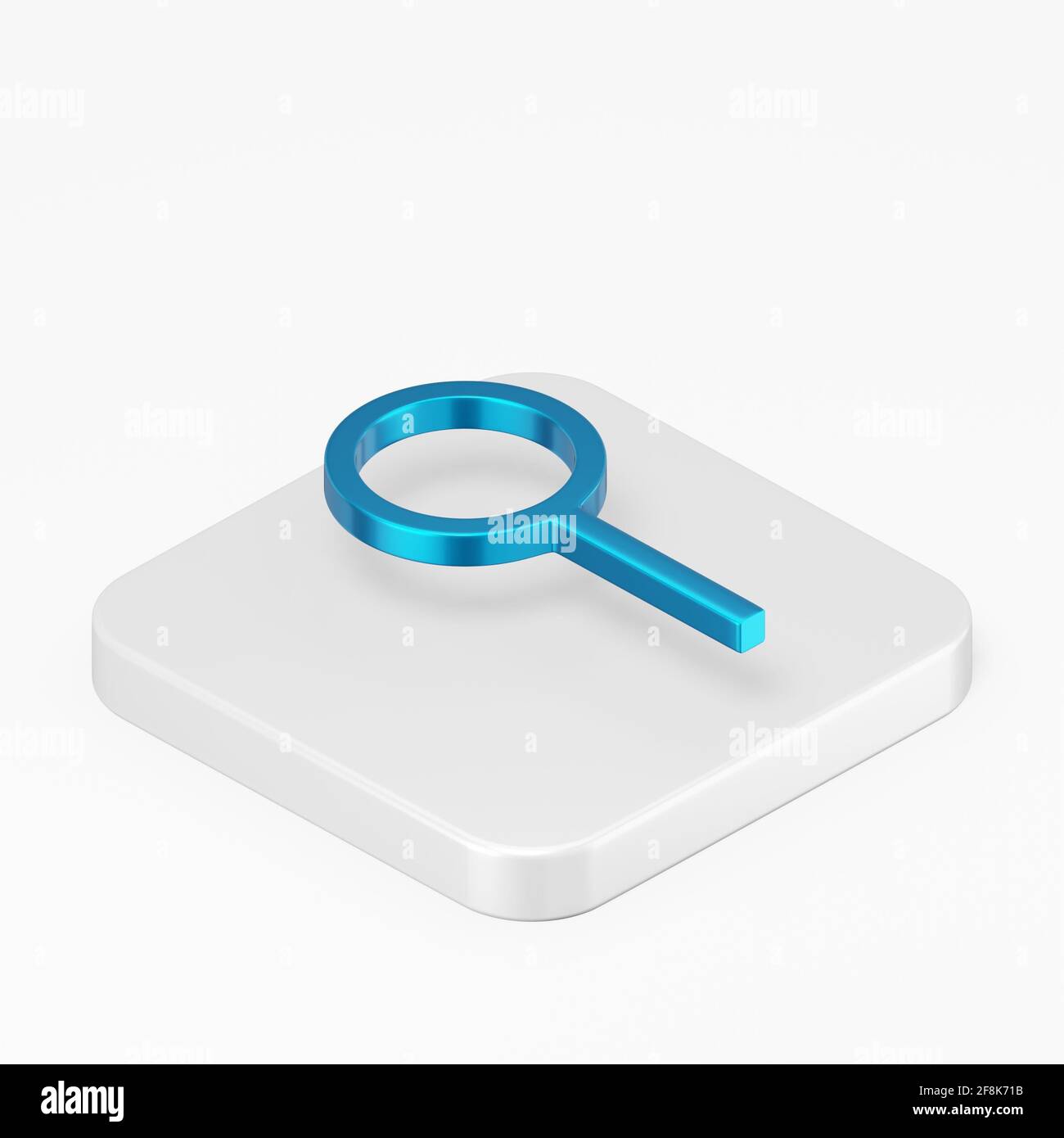 Minimalistic blue magnifying glass icon. 3d rendering square button key isometric view ...