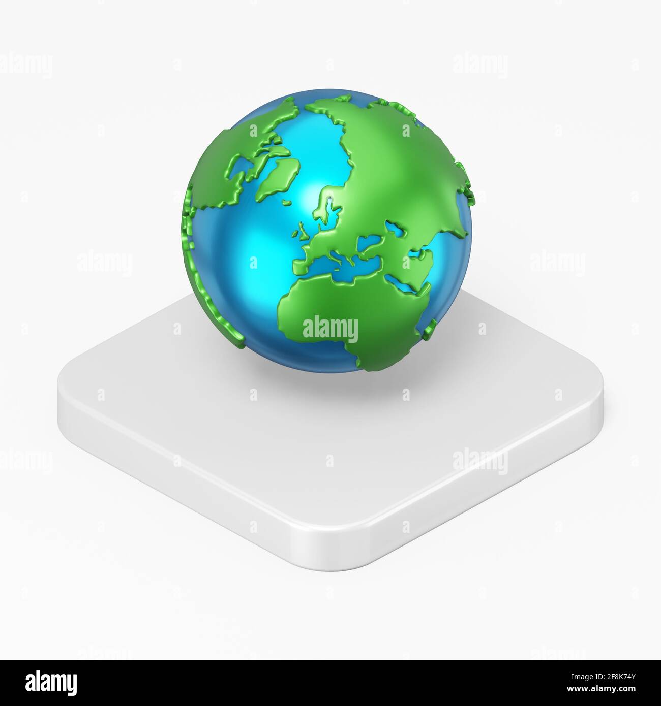 Globe with continents icon. 3d rendering square button key isometric view, interface ui ux ...