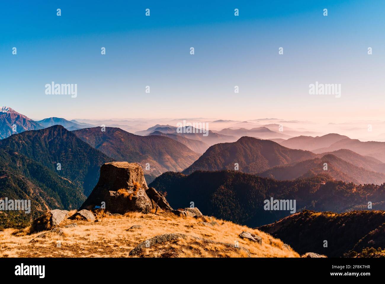 View of Himalayas mountain range with visible silhouettes through the ...