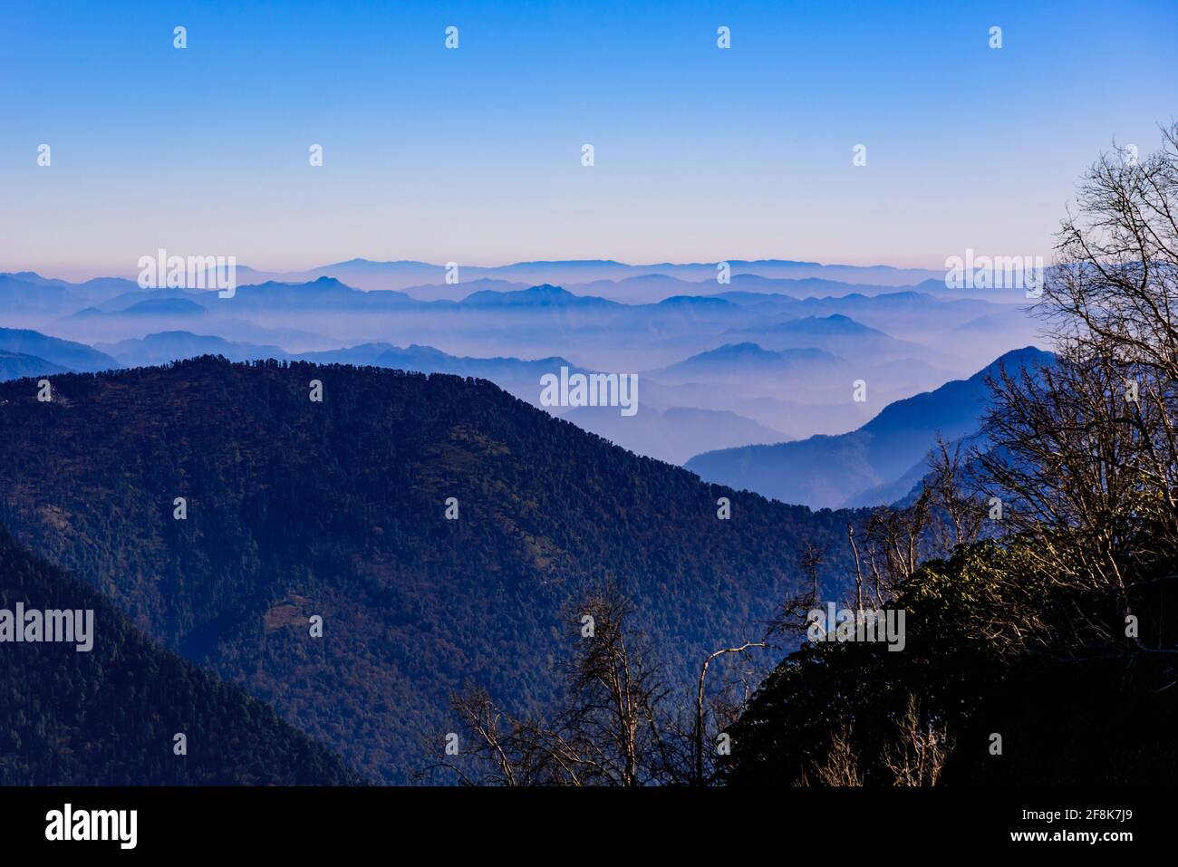 View of Himalayas mountain range with visible silhouettes through the ...