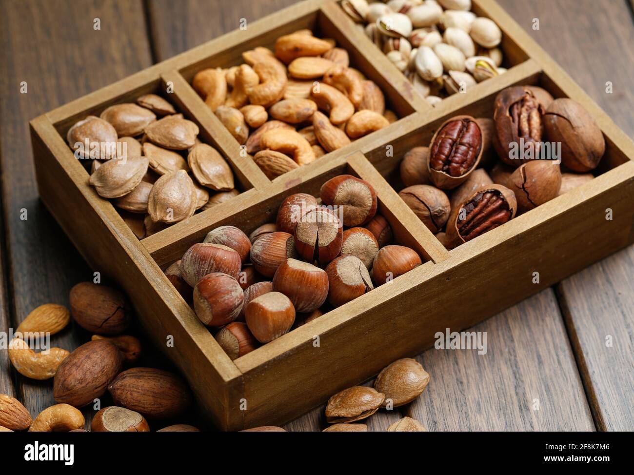 Various nuts in wooden box Stock Photo - Alamy