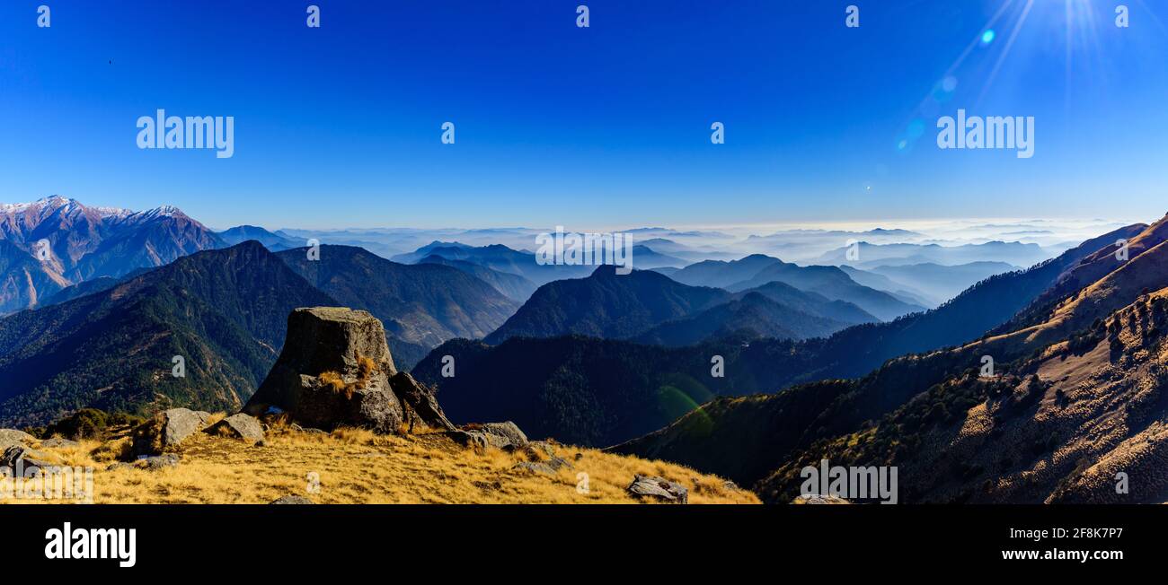 View of Himalayas mountain range with visible silhouettes through the ...