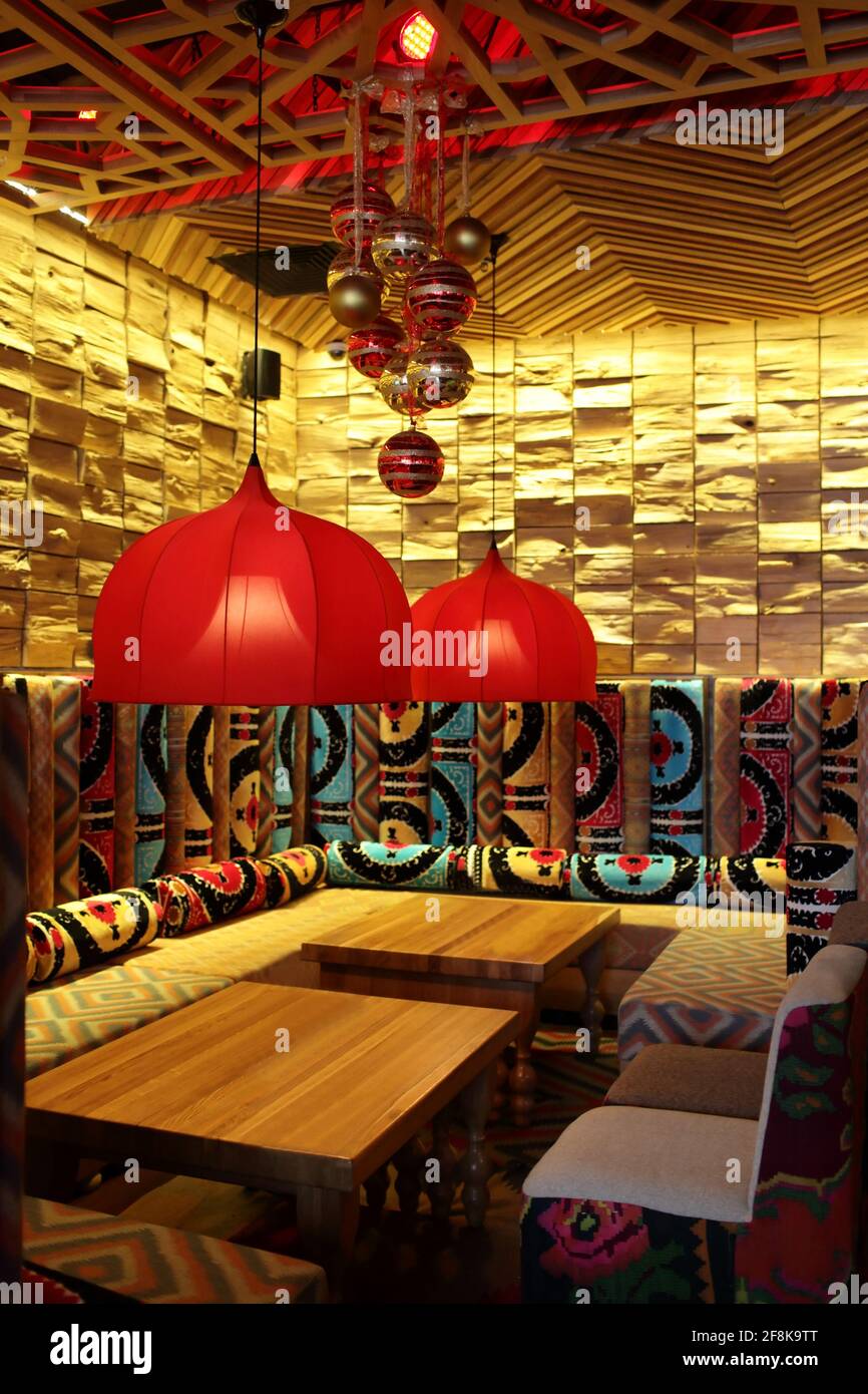 Restaurant interior with an asian design in the evening Stock Photo - Alamy