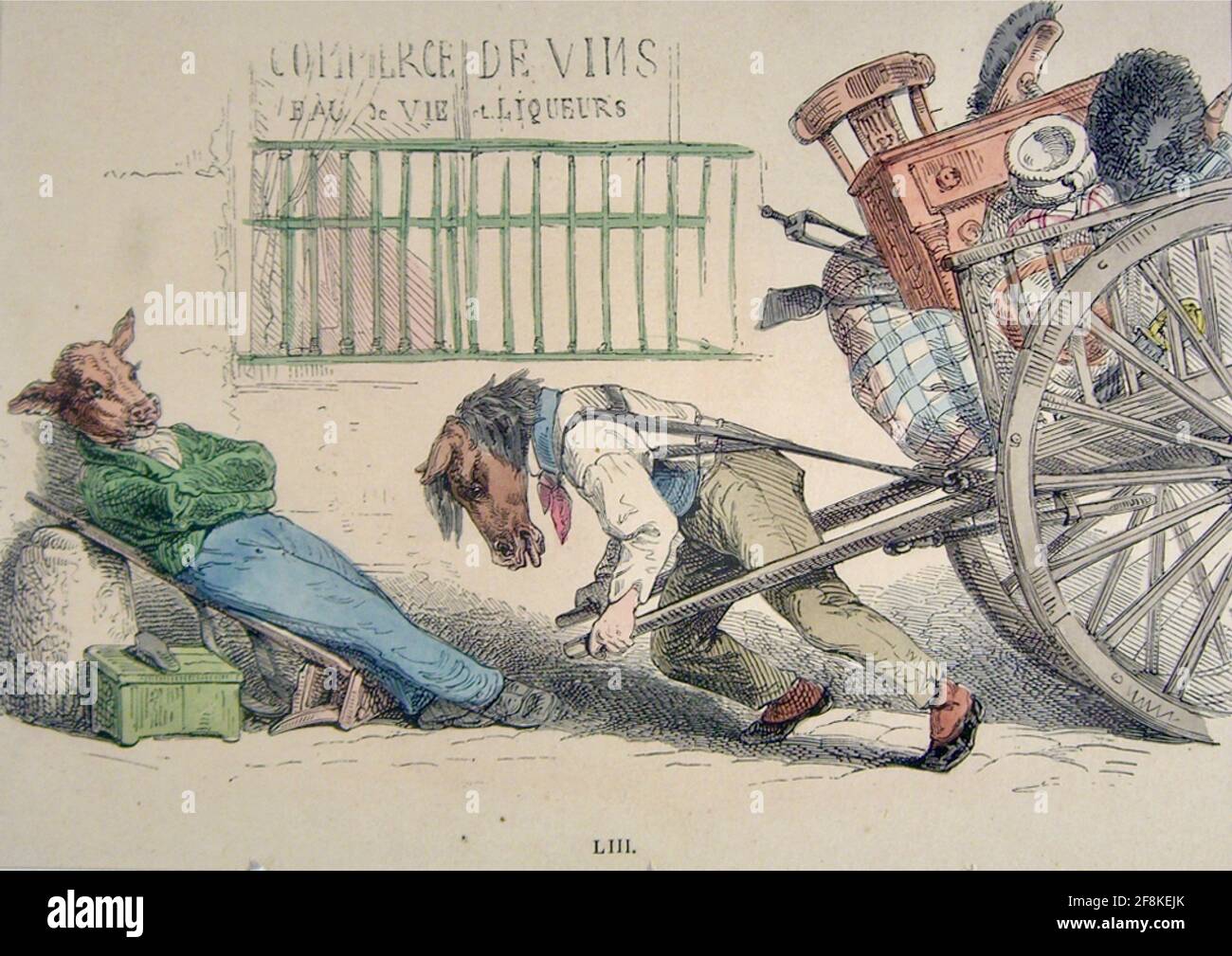 J. J. Grandville artwork. A carthorse standing on two legs pulls a ...