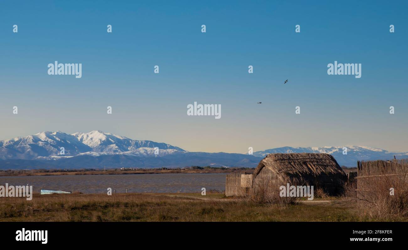 Landscape of the historic fishing village at the Étang de Canet lagoon ...