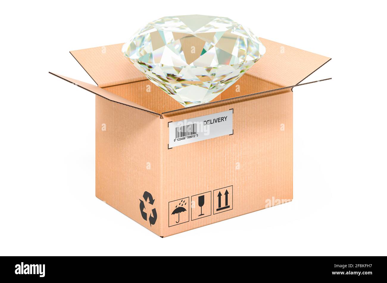 Diamond, brilliant inside cardboard box, delivery concept. 3D rendering ...
