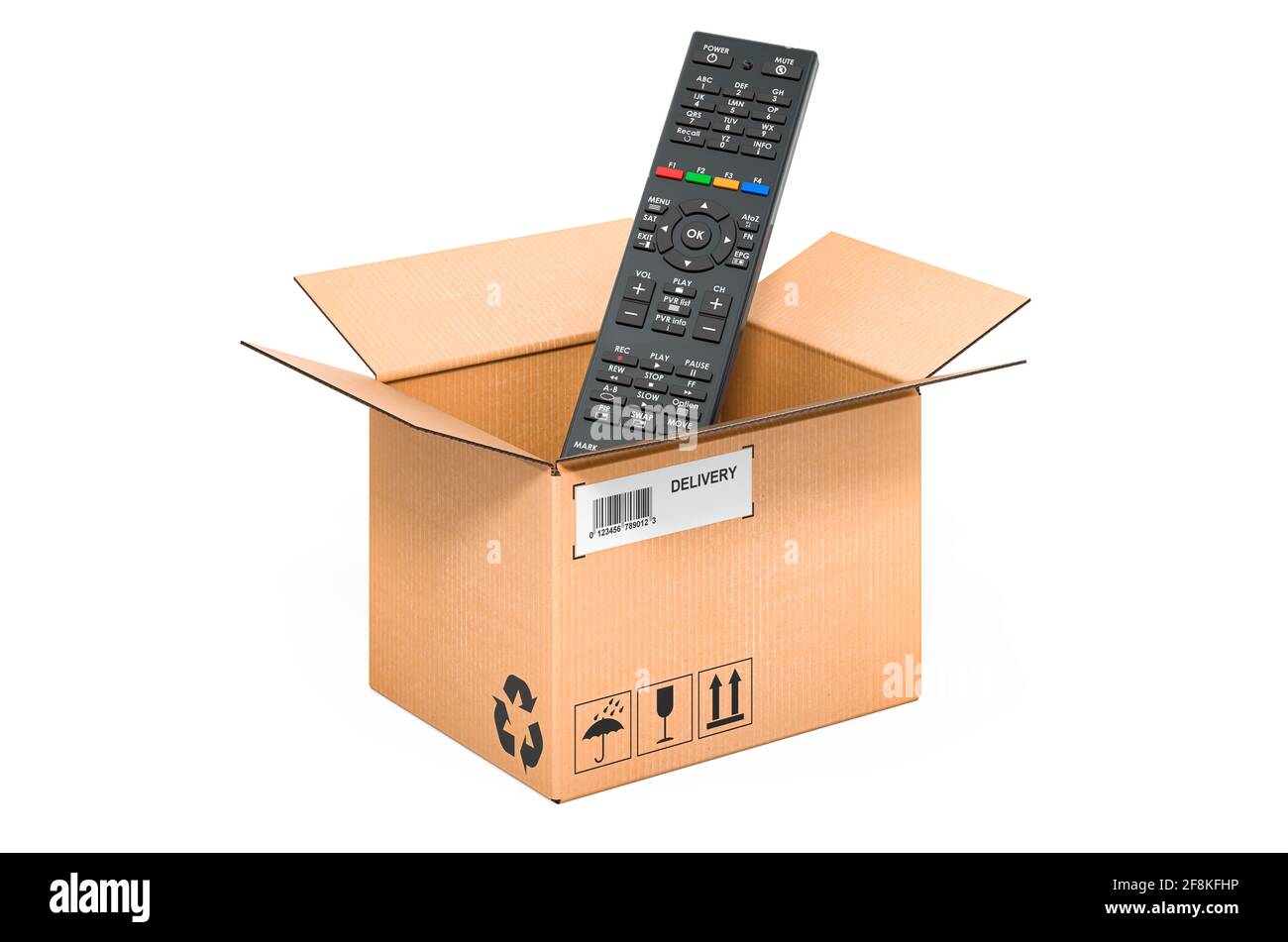 TV remote control inside cardboard box, delivery concept. 3D rendering ...