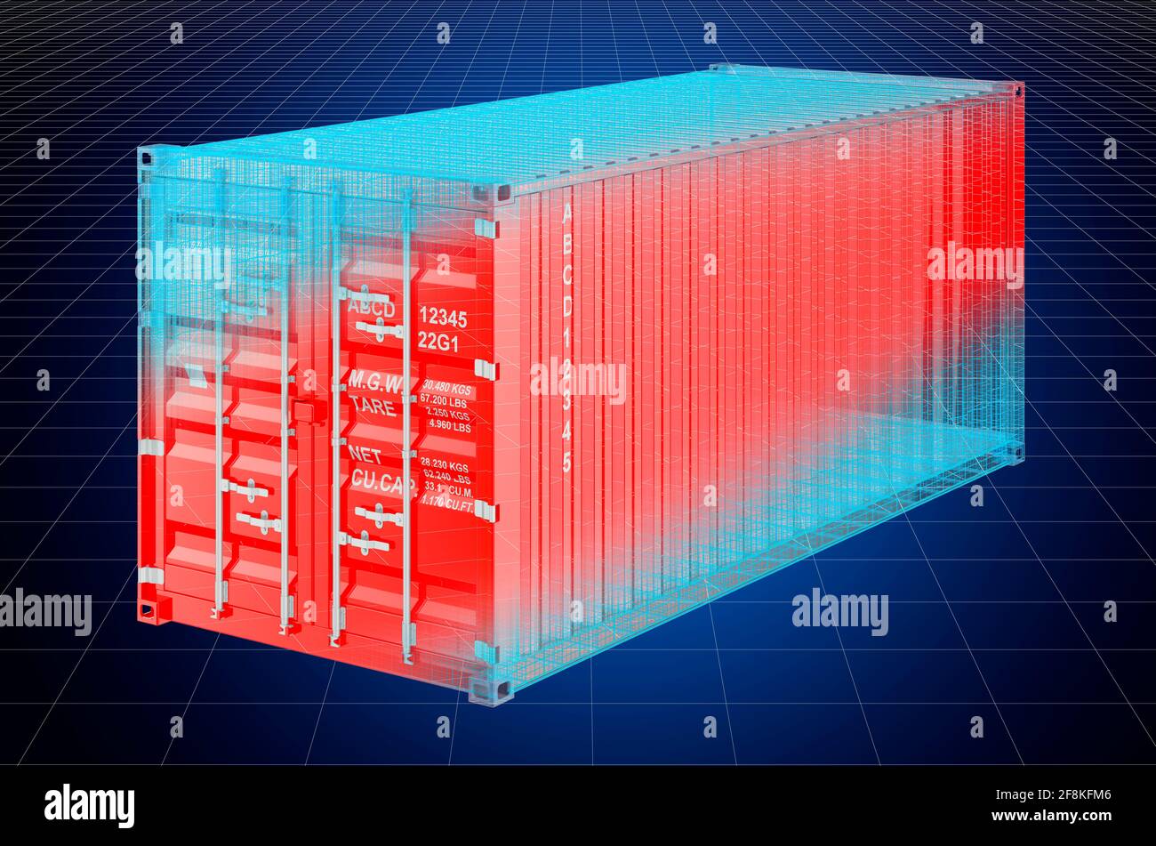 Visualization 3d cad model of cargo container, blueprint. 3D rendering ...