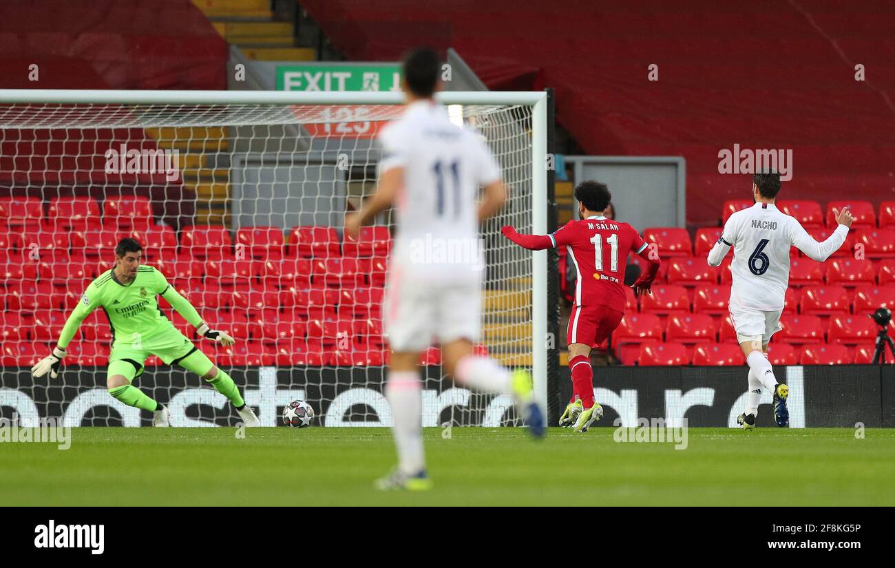 Liverpool's Mohamed Salah has a shot early in the game during the UEFA ...