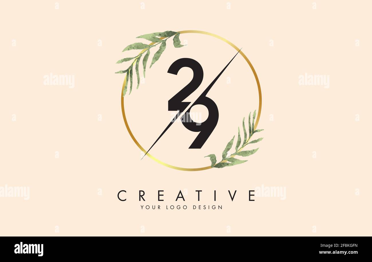 Numbers 29 2 9 logo design with golden circles and green leaves on ...