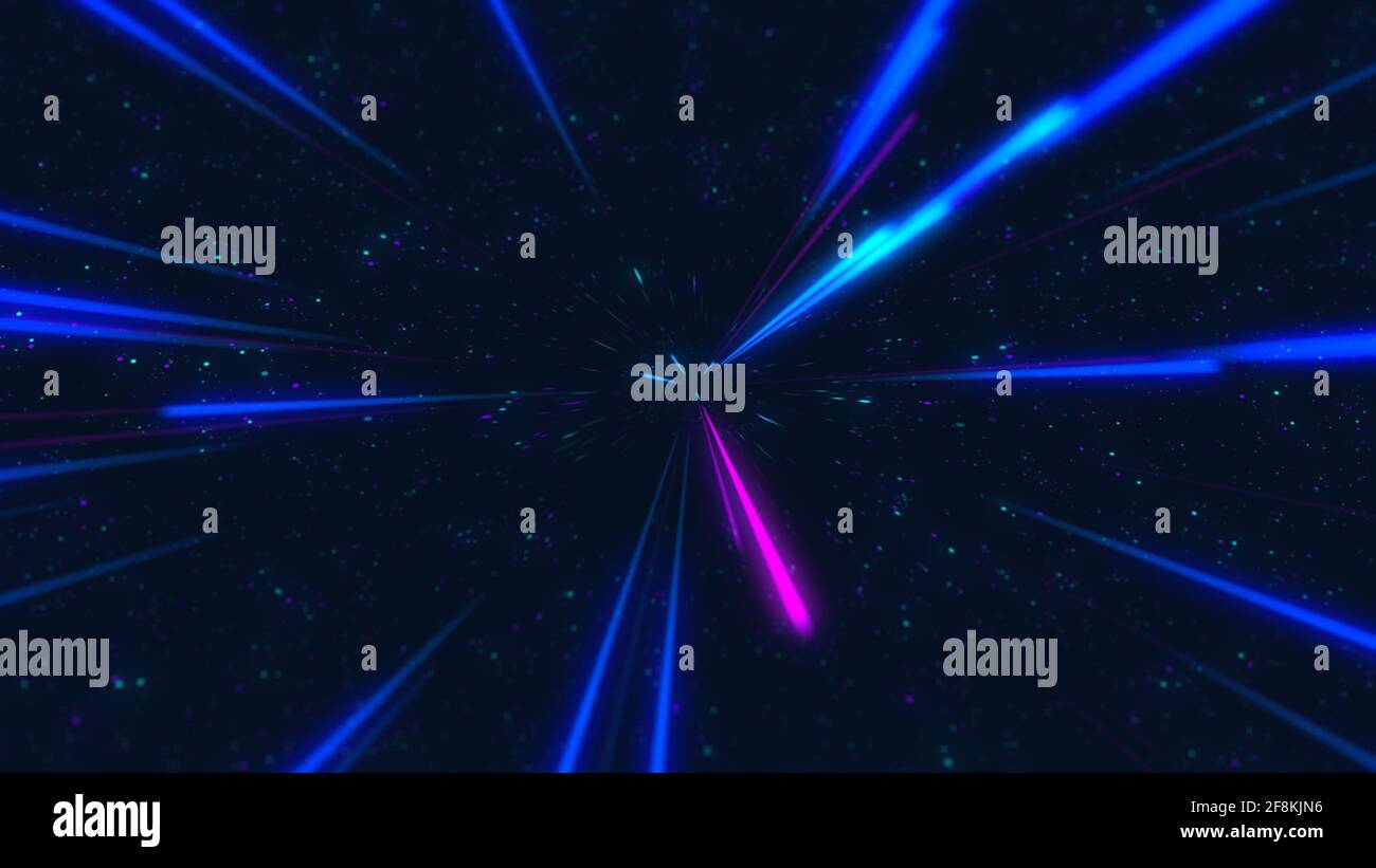 Abstract tunnel from digital neon lights and stars on dark background ...