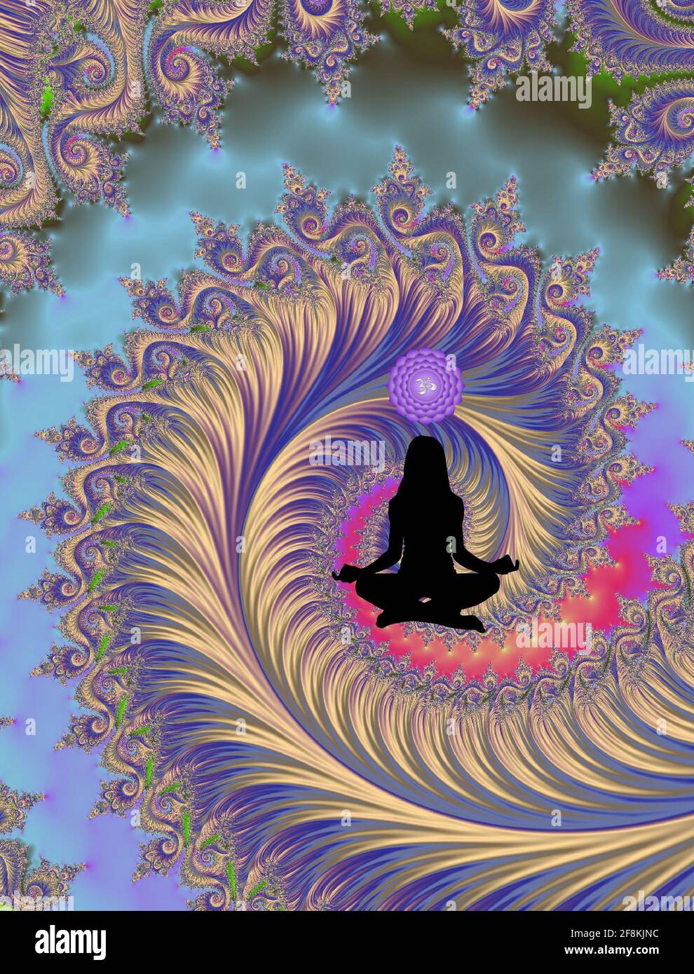 Spiritual background with human silhouette meditating with sacred ...