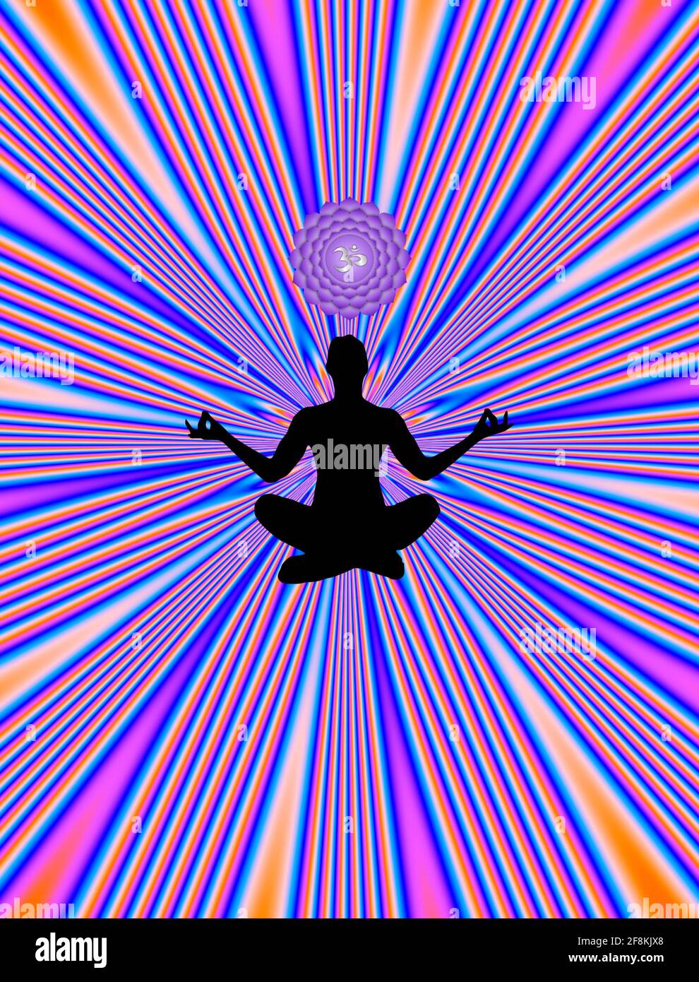 Spiritual background with human silhouette meditating with sacred ...