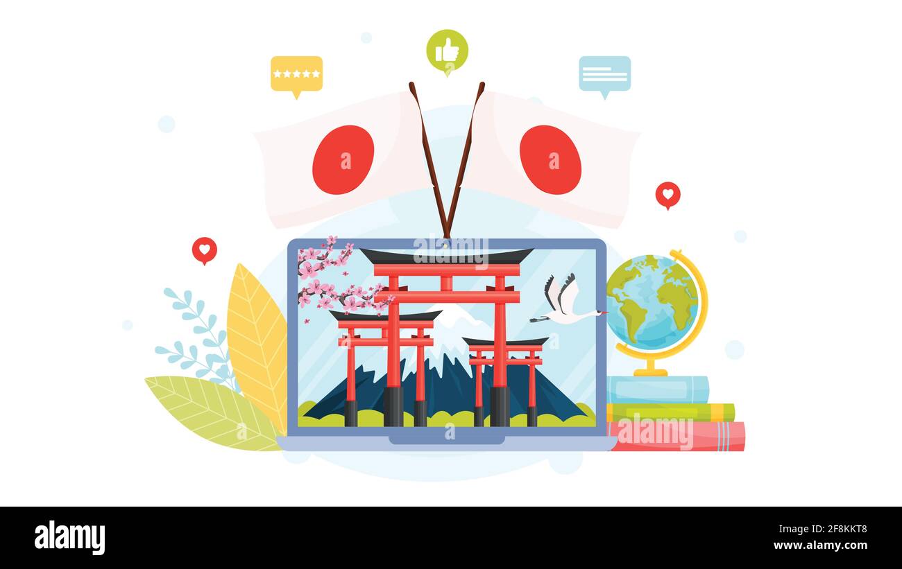 Japan language center. Online school concept. Flat design, vector ...