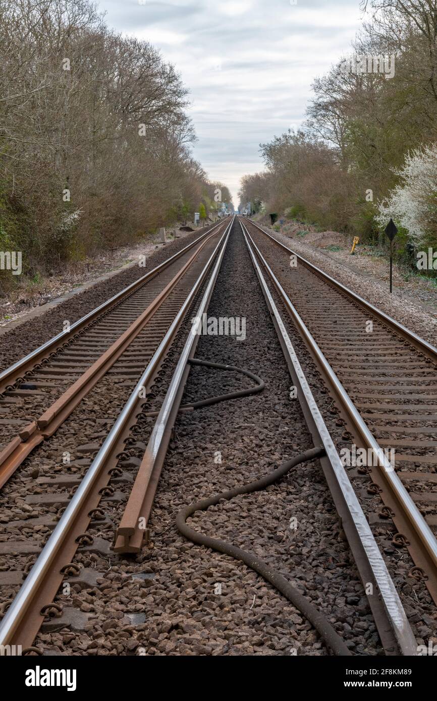 railways lines and tracks disappearing vanishing into the distance with ...