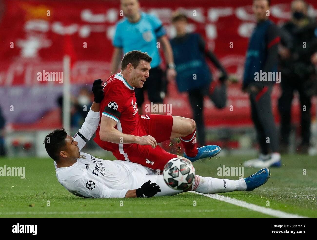 Liverpool, England, 14th April 2021. Casemiro of Real Madrid goes in ...