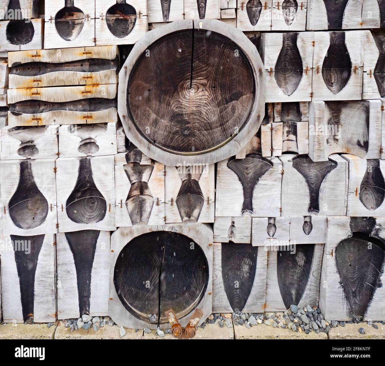 Worn out and burnt wooden glass molds. Stack of used wooden glass ...