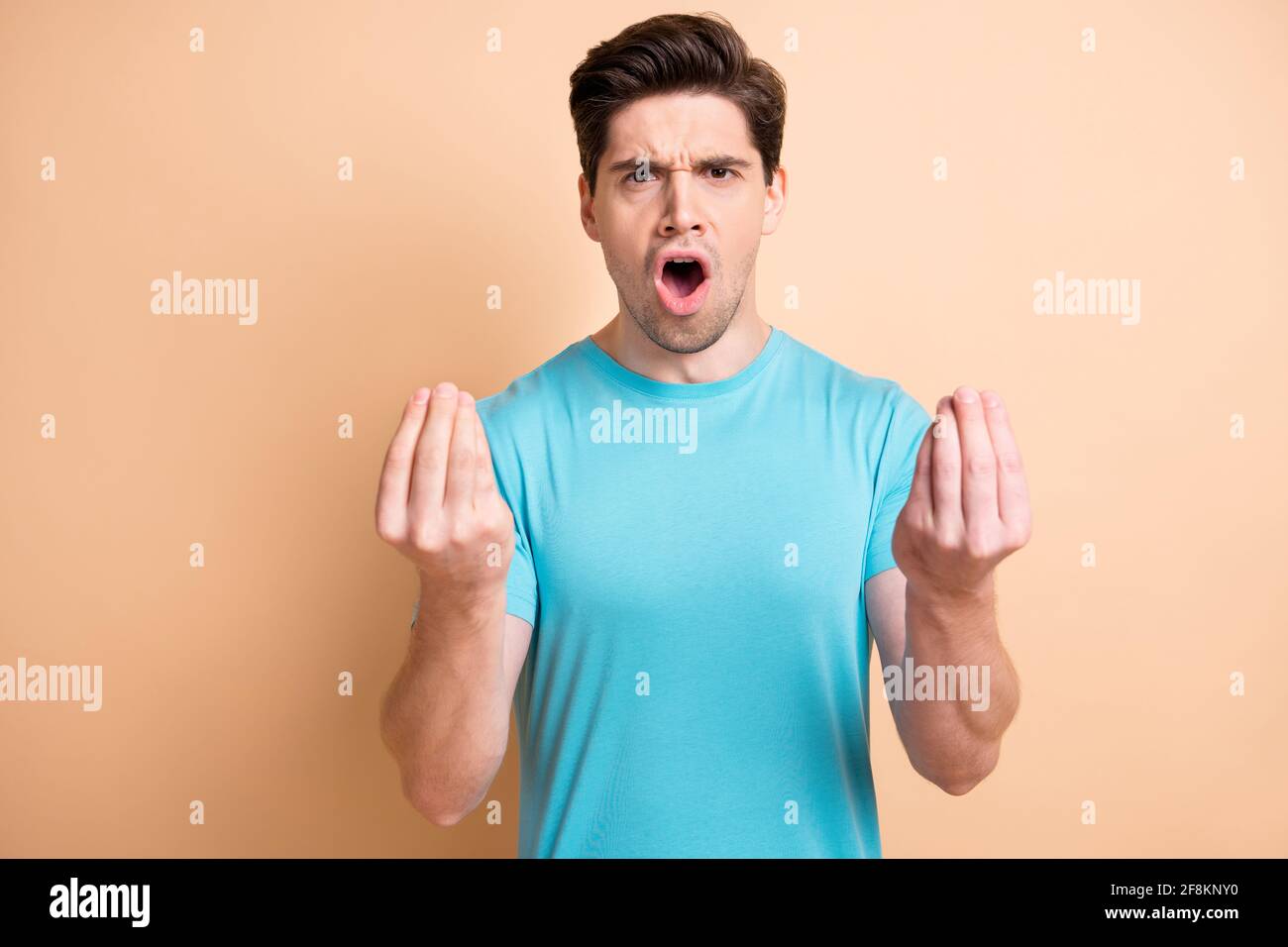 Portrait of mad annoyed guy claiming pretense having fight isolated ...