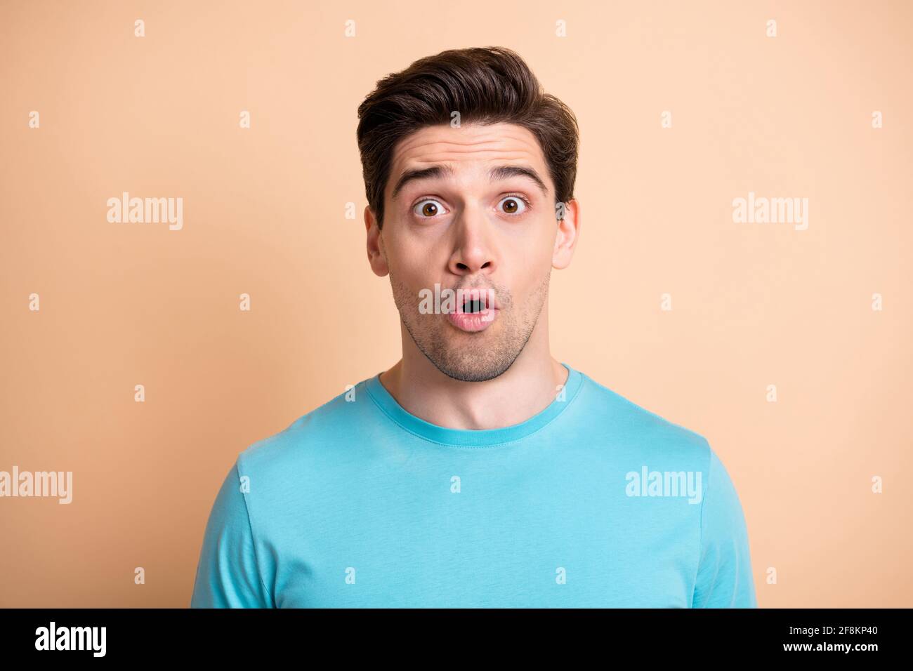 Close-up portrait of nice attractive stunned guy sudden news reaction ...