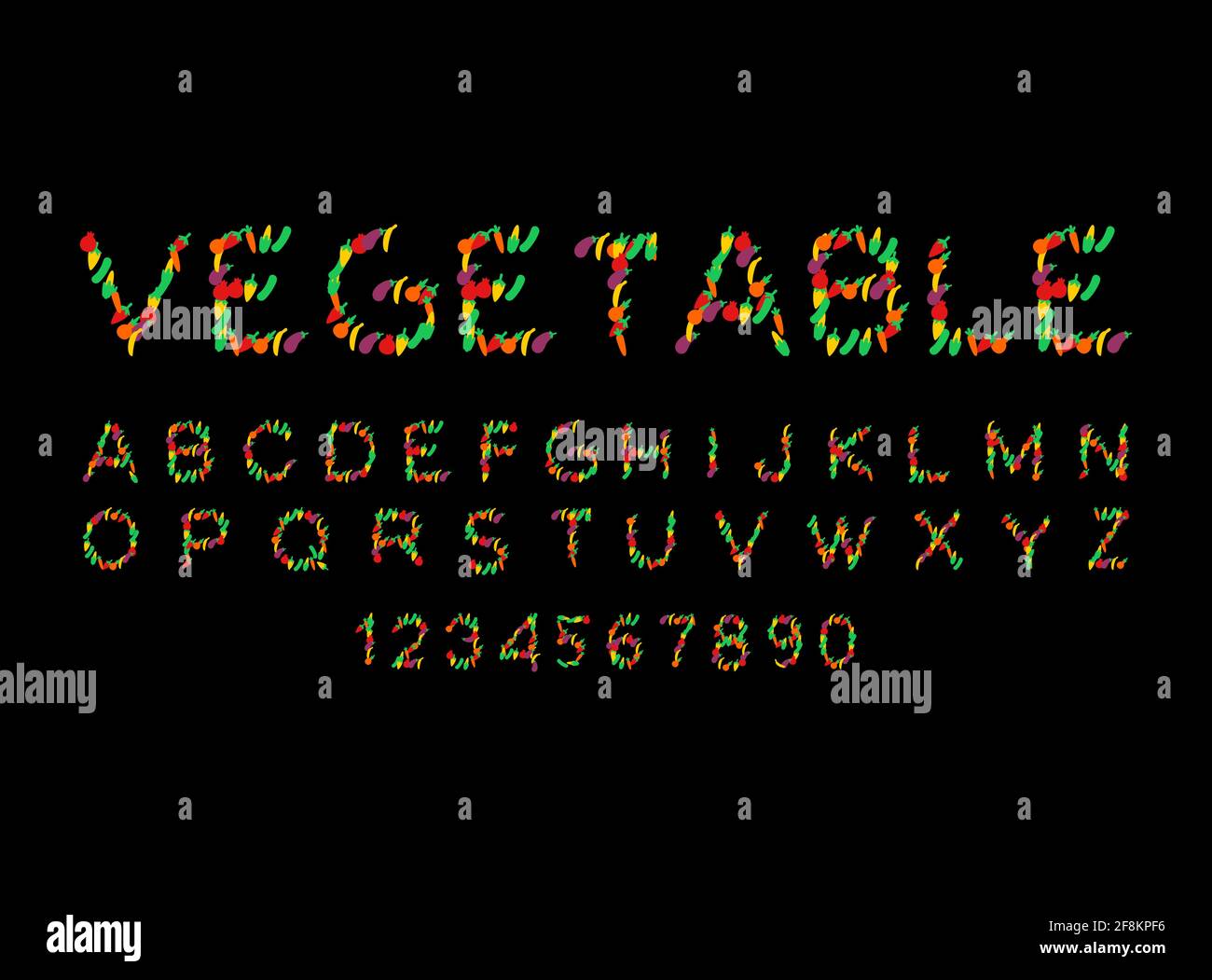 Vegetable font. Vegetarian alphabet. Letters from vegetable ABC. Corn ...