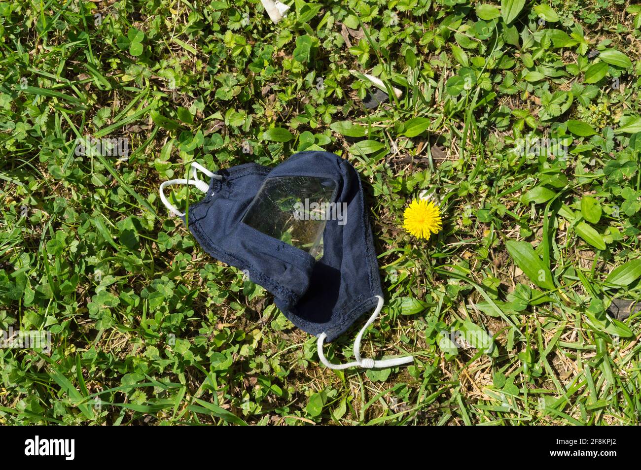 Horizontal shot of a blue see-through face mask tossed onto the ground ...