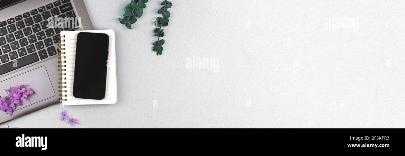 Minimal workspace banner, creative desktop background with laptop ...