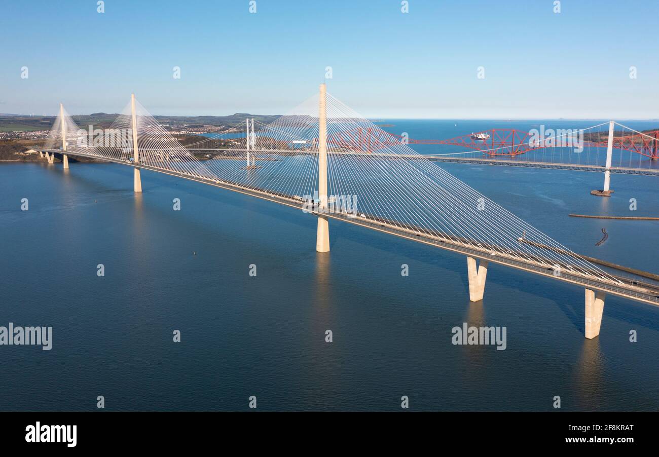 Aerial view from drone of Queensferry Crossing Bridge a cable-stayed ...