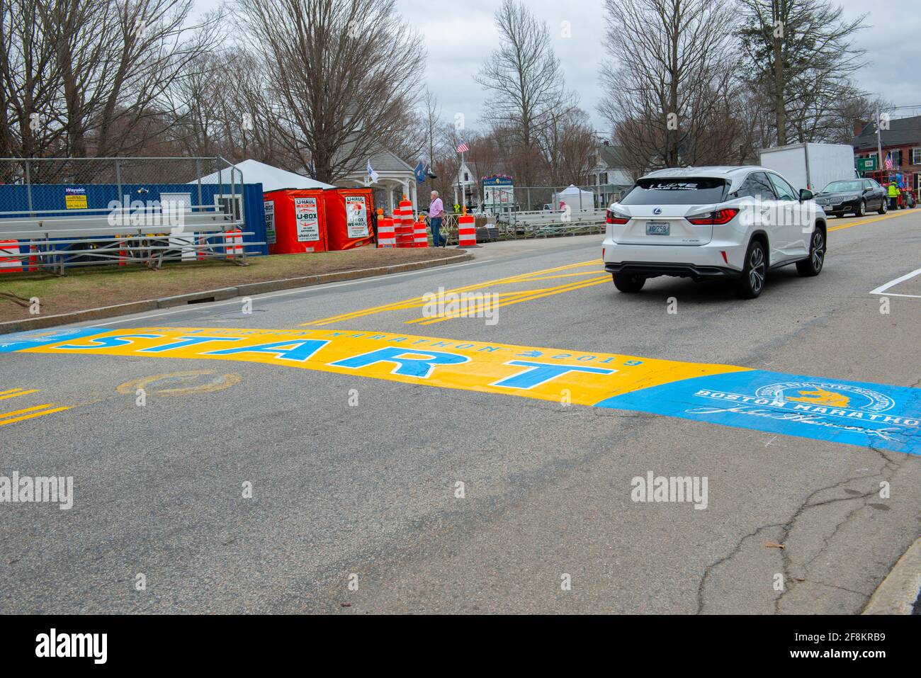 2019 Boston Marathon Start Line on Main Street in town of Hopkinton ...