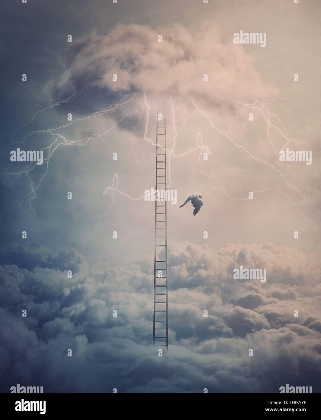 Silhouette of a fallen angel crashing down from heaven alongside a huge ...