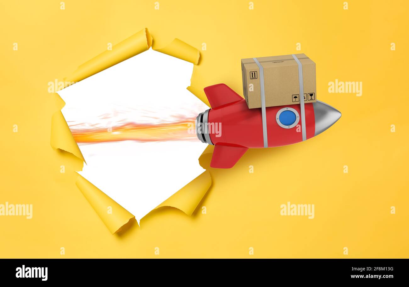 Carton box flies fast with rocket. concept of express and priority ...