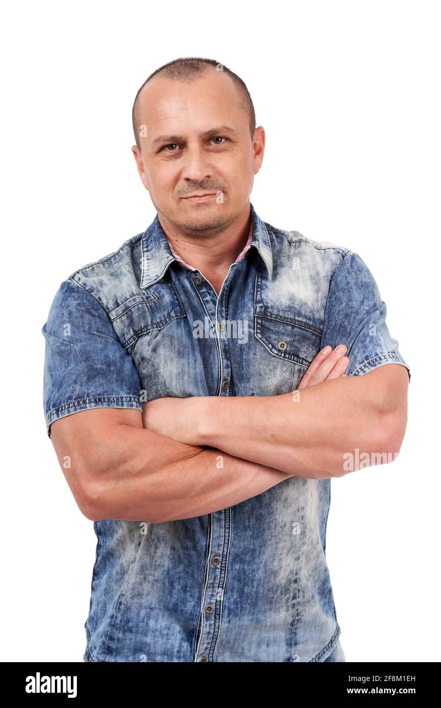 Portrait of a caucasian man with his arms folded isolated on white ...