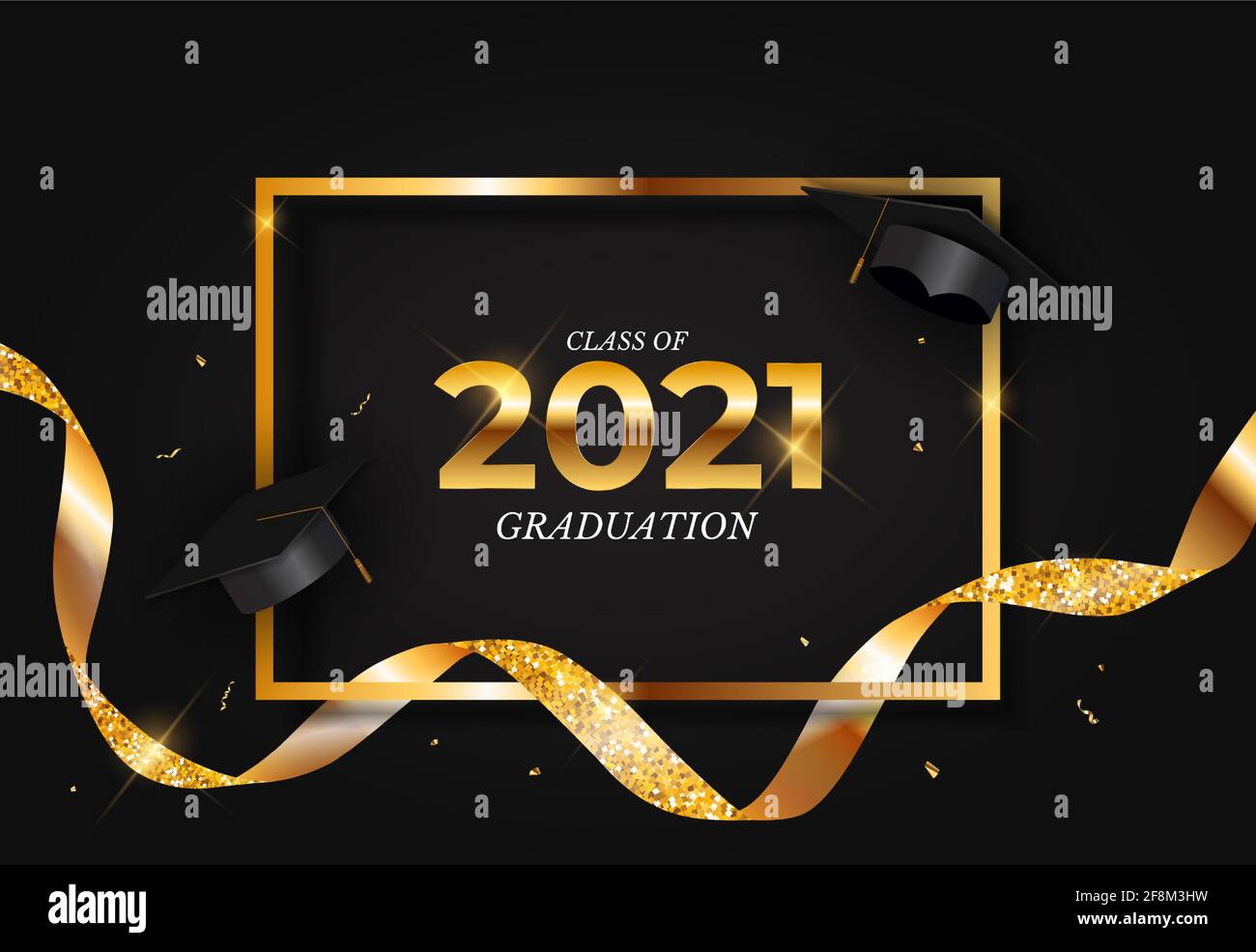Graduation class of 2021 with graduation cap hat and confetti and ...