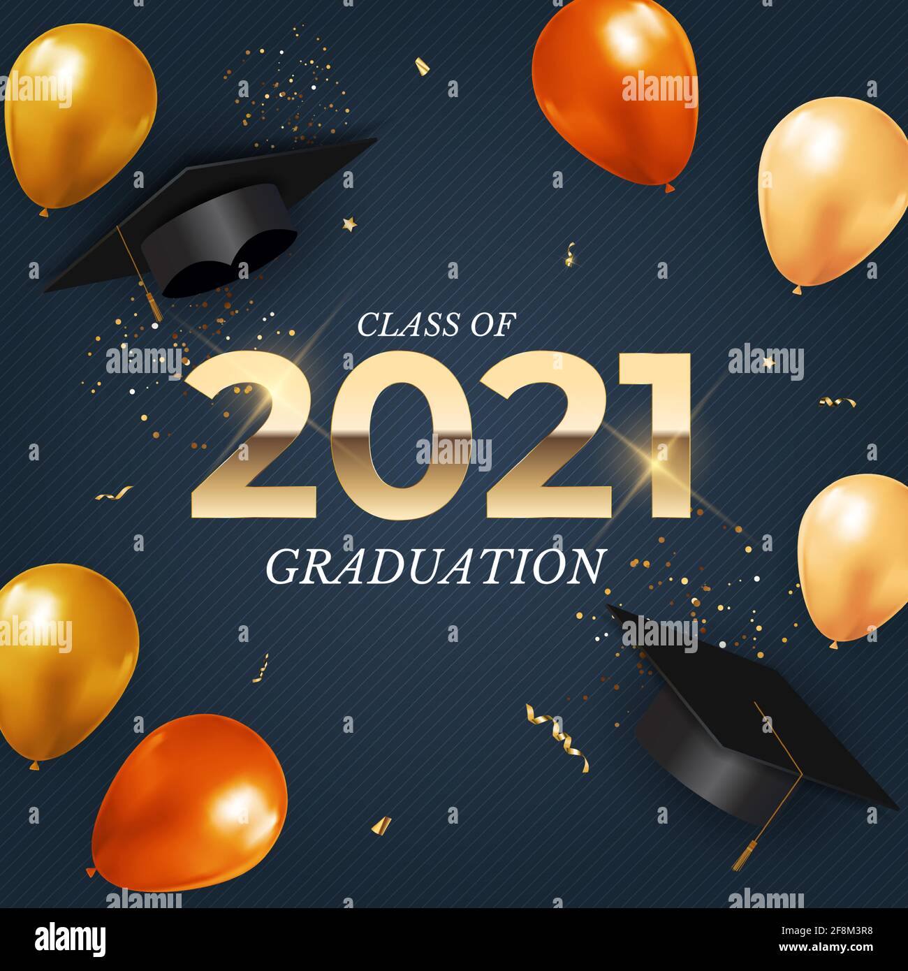 Graduation class of 2021 with graduation cap hat, balloons and confetti ...