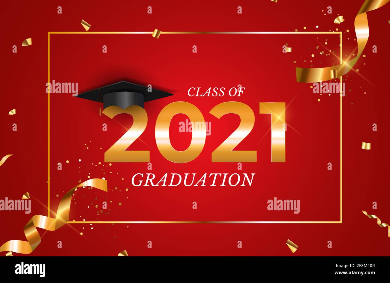 Graduation class of 2021 with graduation cap hat and confetti. Vector ...