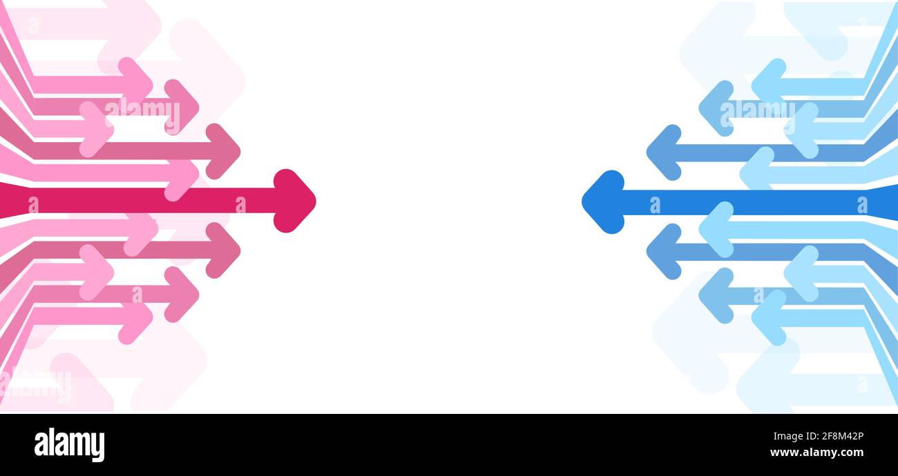 Two teams of arrows, blue and red, move towards each other. Concept ...
