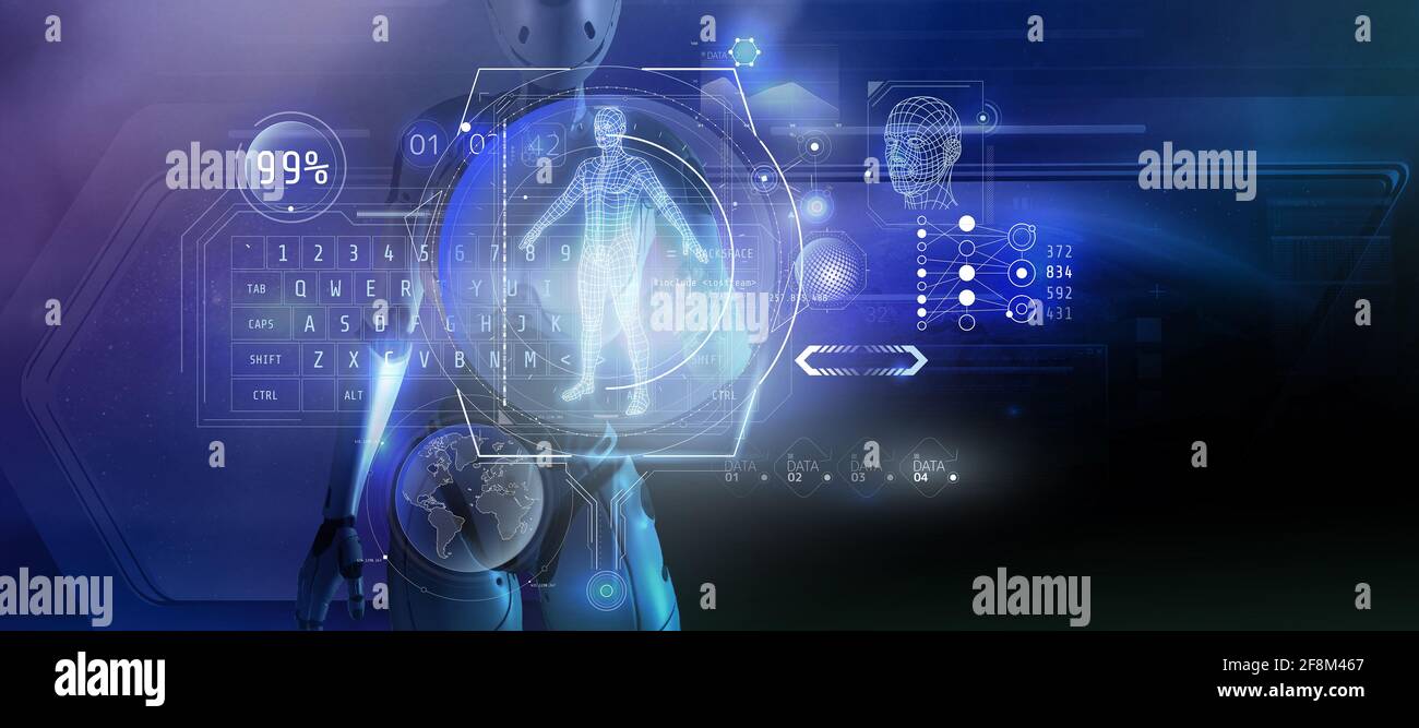 The alien is studying the data set about the man. 3D render Stock Photo ...