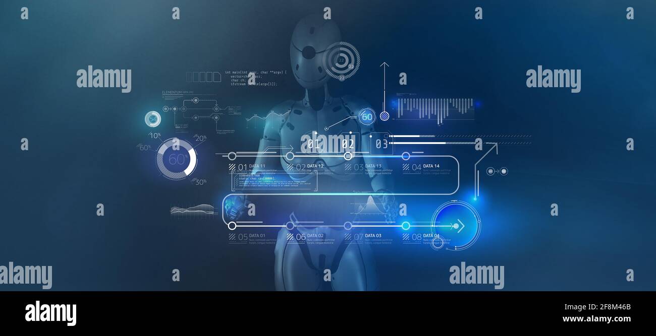 The robot works with an array of data. 3D render Stock Photo - Alamy