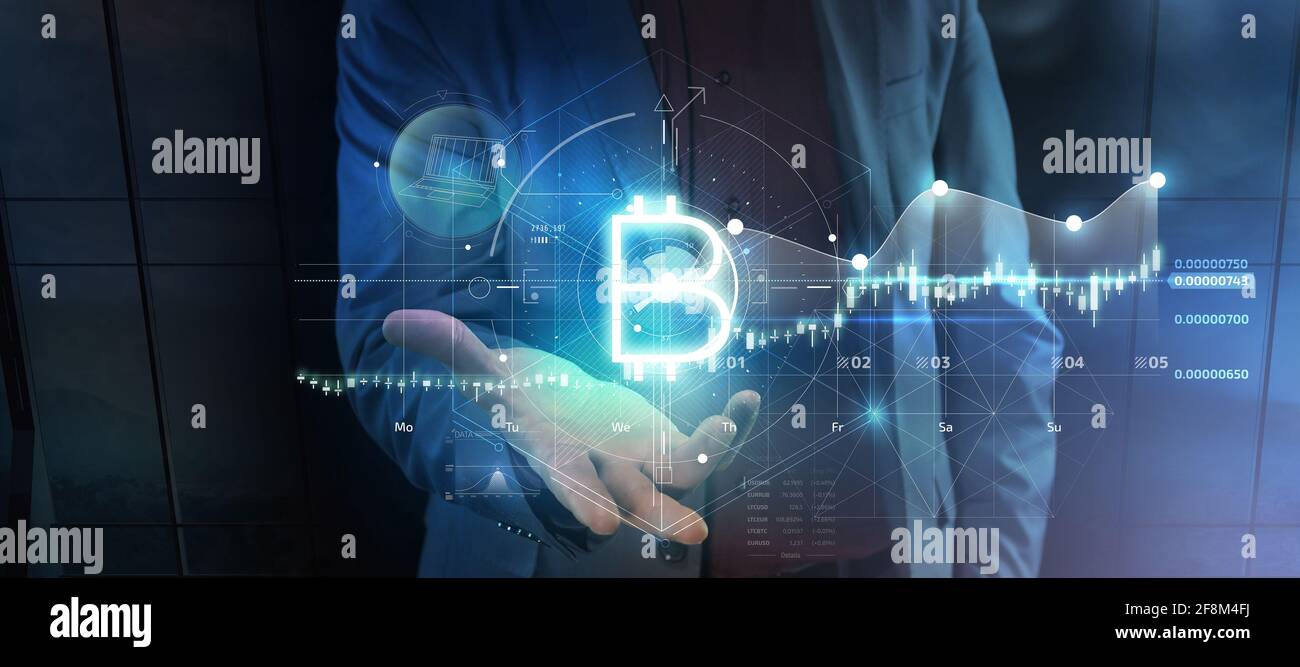 Bitcoin infographics virtual projection on a man's palm. 3D render ...