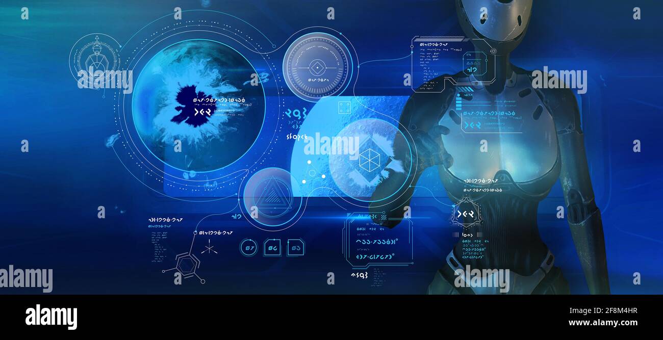 Fantastic poster with alien infographics and humanoid robot. 3D render ...