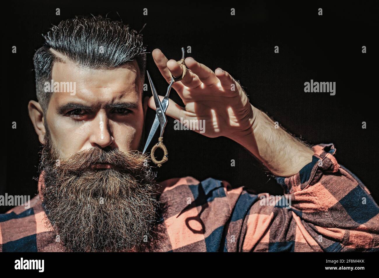 Man Hipster With Scissors Barber Scissors And Straight Razor Barber
