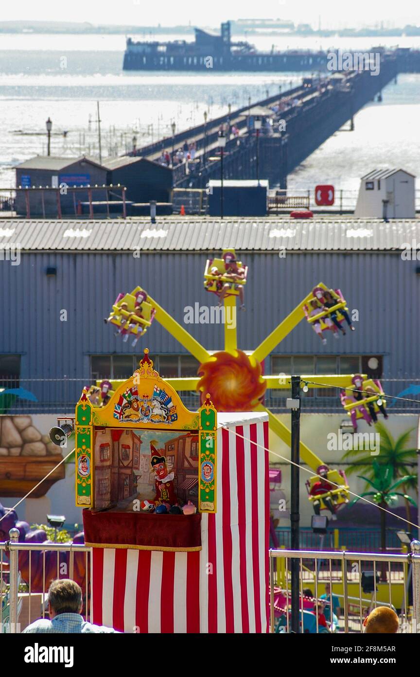 High views of Southend on Sea seafront in summer 2007. Punch and Judy ...