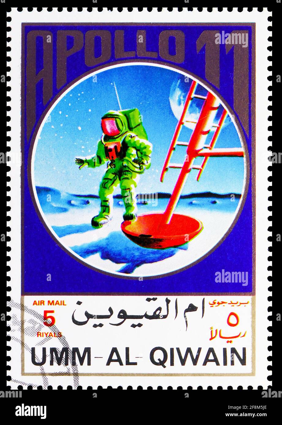 MOSCOW, RUSSIA - OCTOBER 5, 2019: Postage stamp printed in Umm al ...