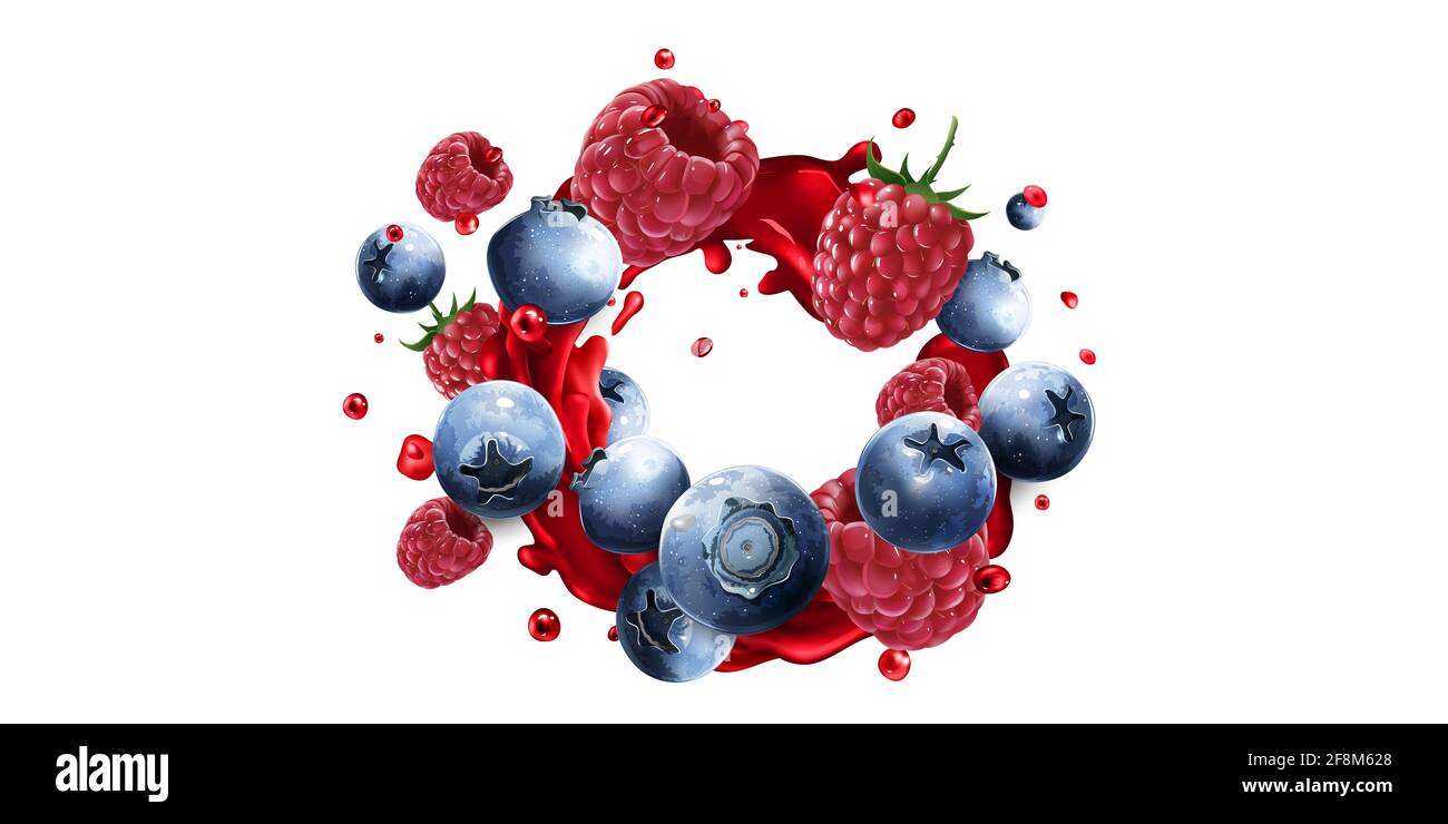 Blueberries and raspberries in a splash of red fruit juice Stock Photo ...