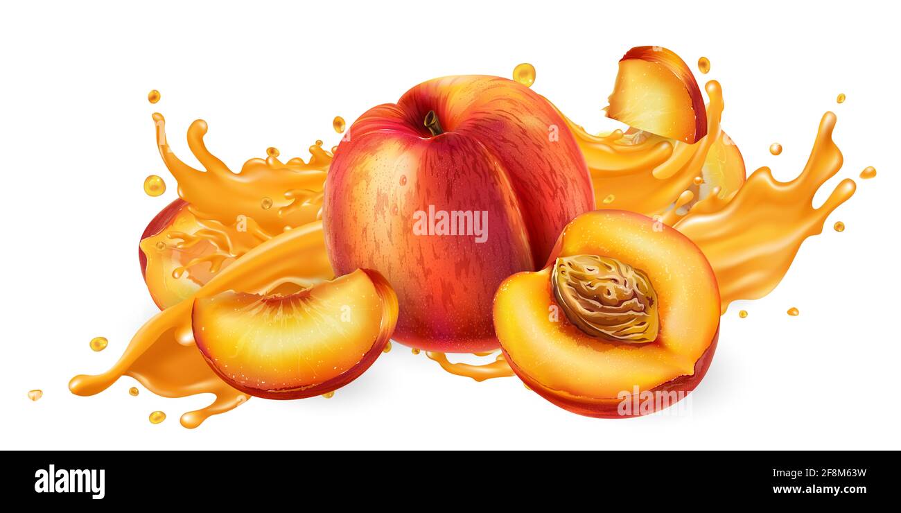 Splash of fruit juice and fresh peaches Stock Photo - Alamy