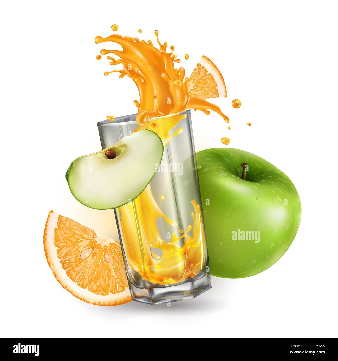 Splash of fruit juice in a glass, green apple and orange Stock Photo ...